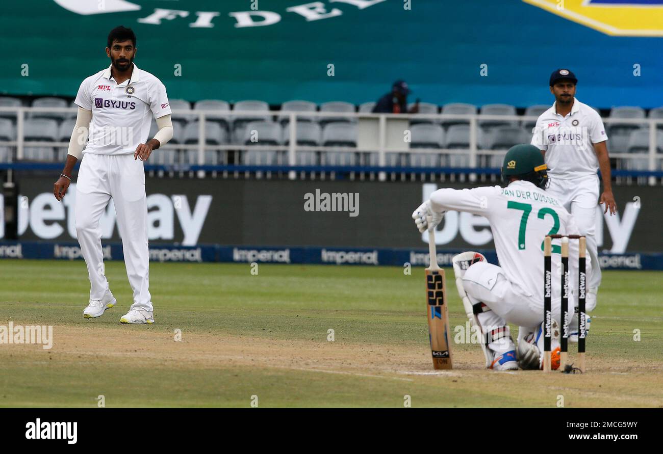 India's Jasprit Bumrah looks on at South Africa's Rassie van Der Dissen ...