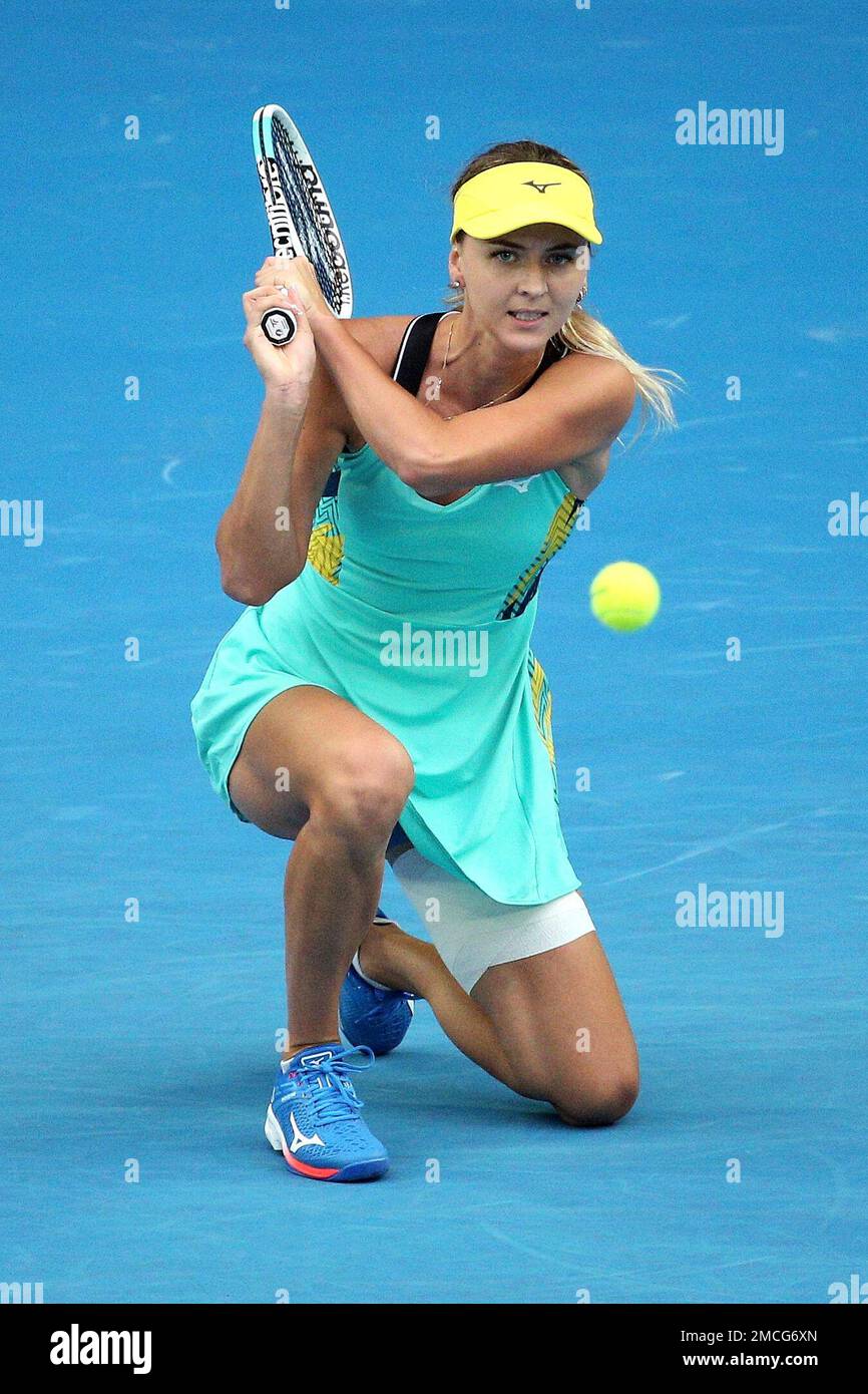 Maryna Zanevska of Belgium plays a backhand during their singles match ...