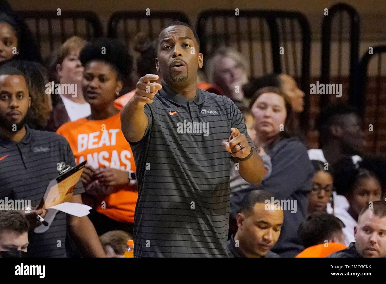 Oklahoma State head coach Mike Boynton Jr. gestures in the second half ...