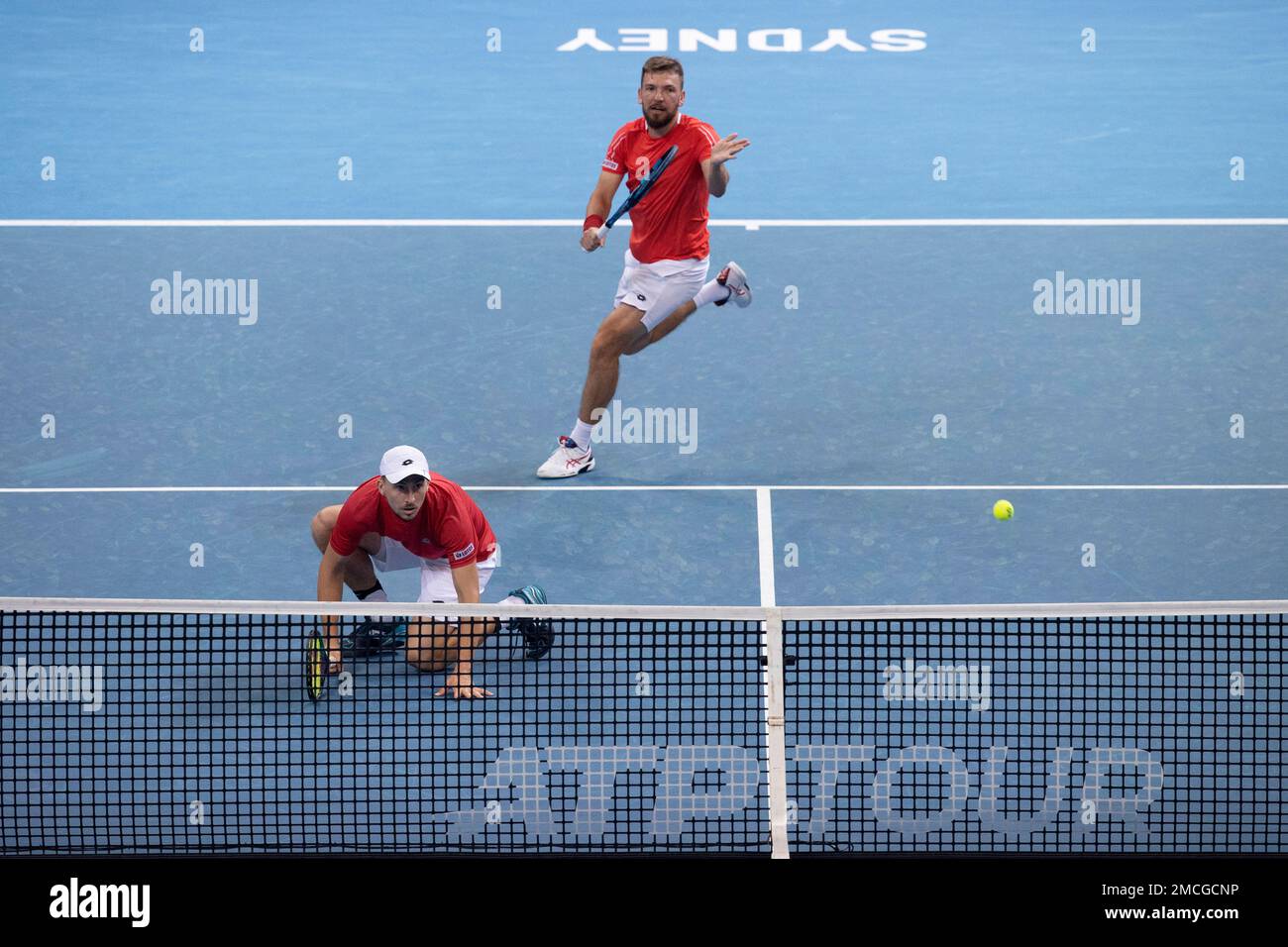 Szymon Walkow, right, and Jan Zielinski of Poland play a shot against ...
