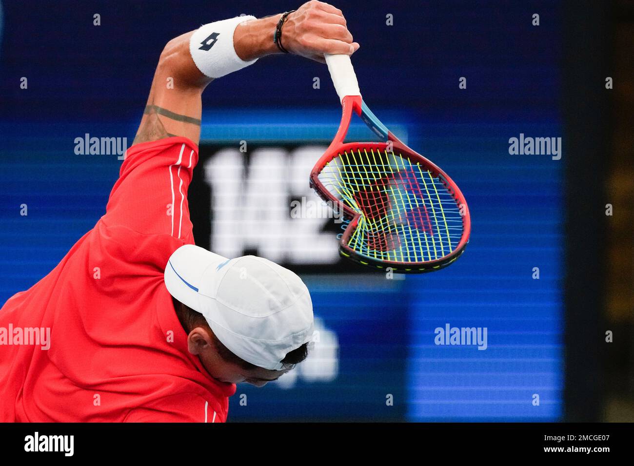 Chile's Alejandro Tabilo smashes his racket during his match against ...