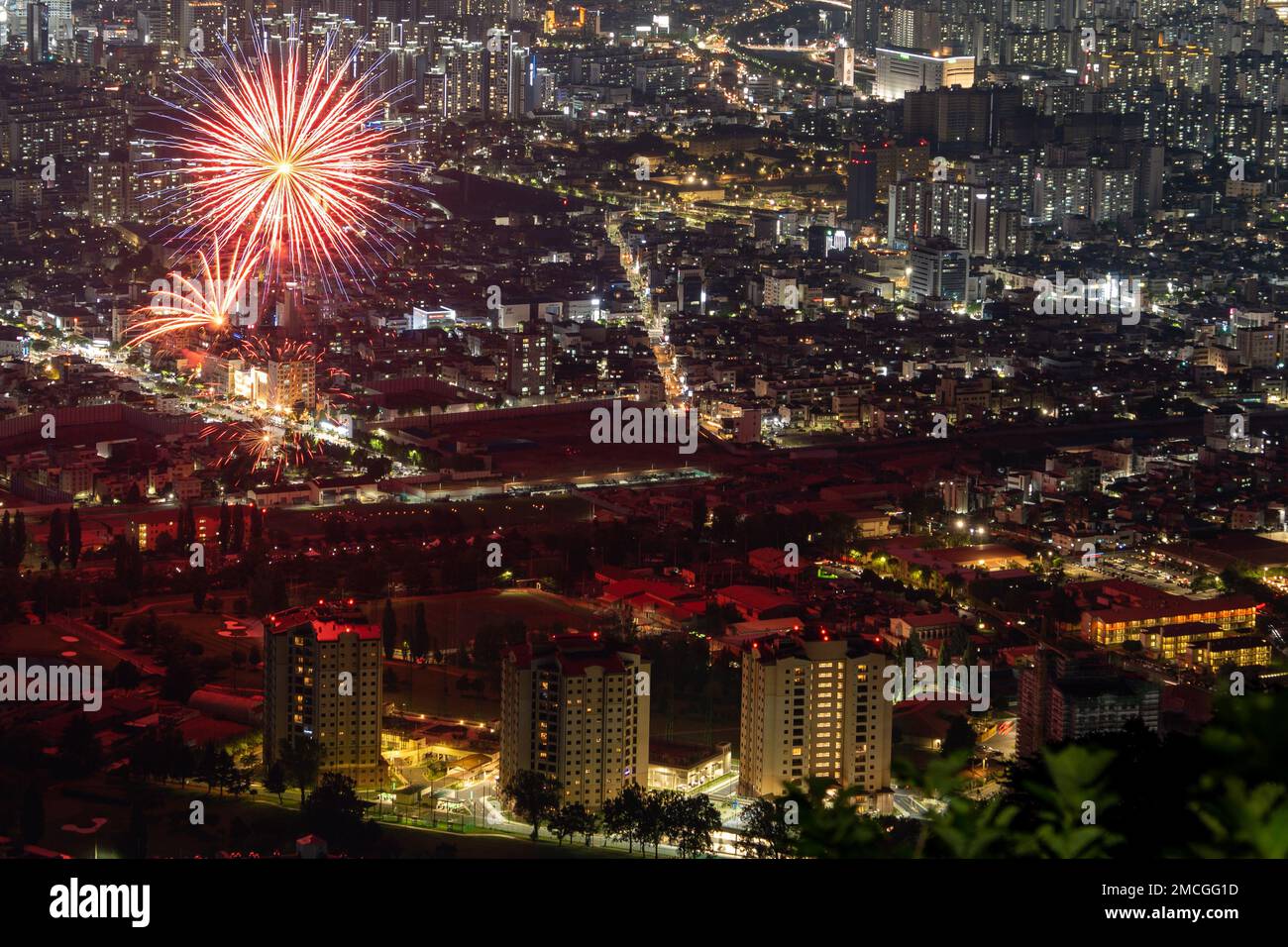 Fireworks illuminate the night sky over U.S. Army Garrison Daegu at ...