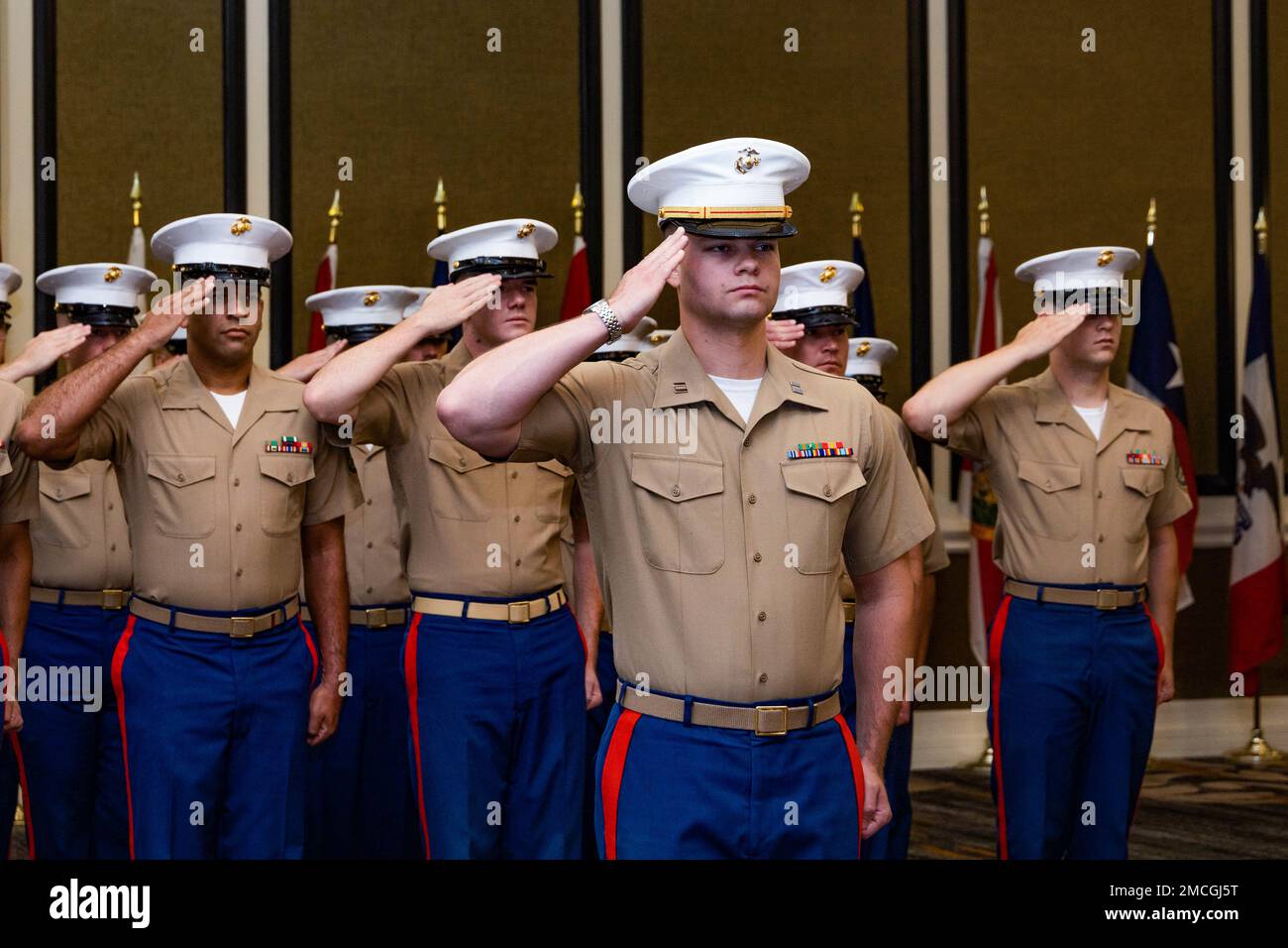 U.S. Marines with Recruiting Station (RS) Richmond, 4th Marine Corps District, salute in ...
