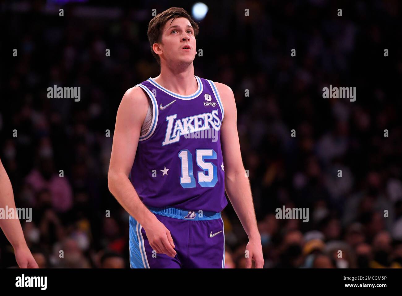 Los Angeles Lakers guard Austin Reaves (15) watches a free-throw while ...