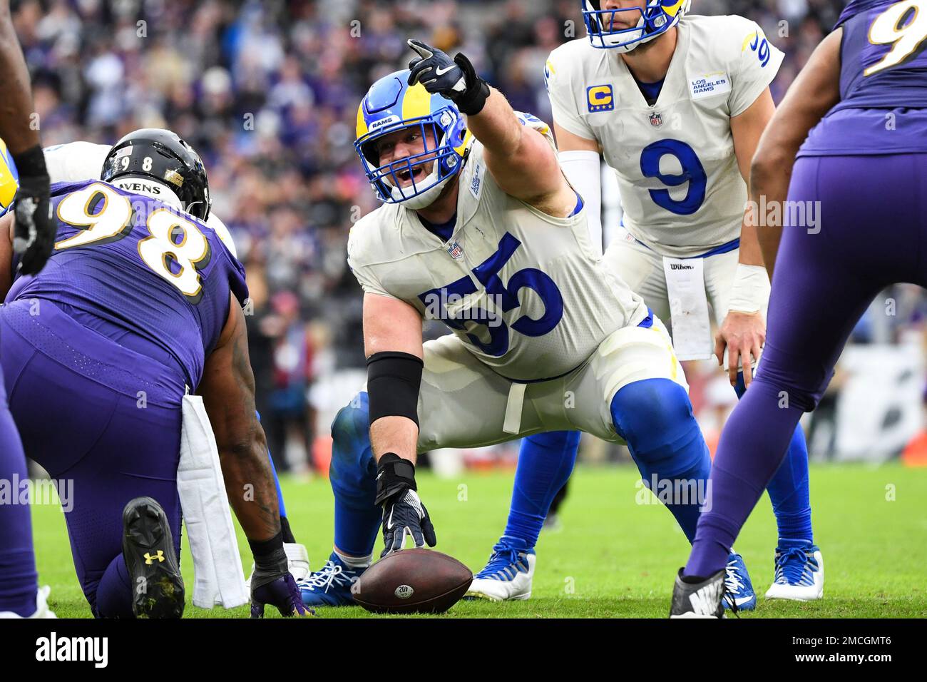 Los Angeles Rams center Brian Allen (55) gestures before hiking the ...