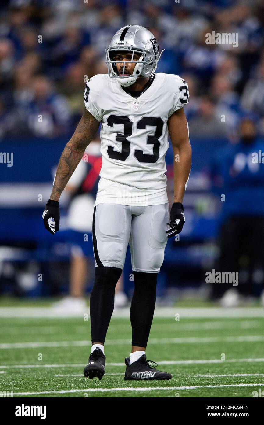 Las Vegas Raiders safety Roderic Teamer (33) lines up on defense during ...