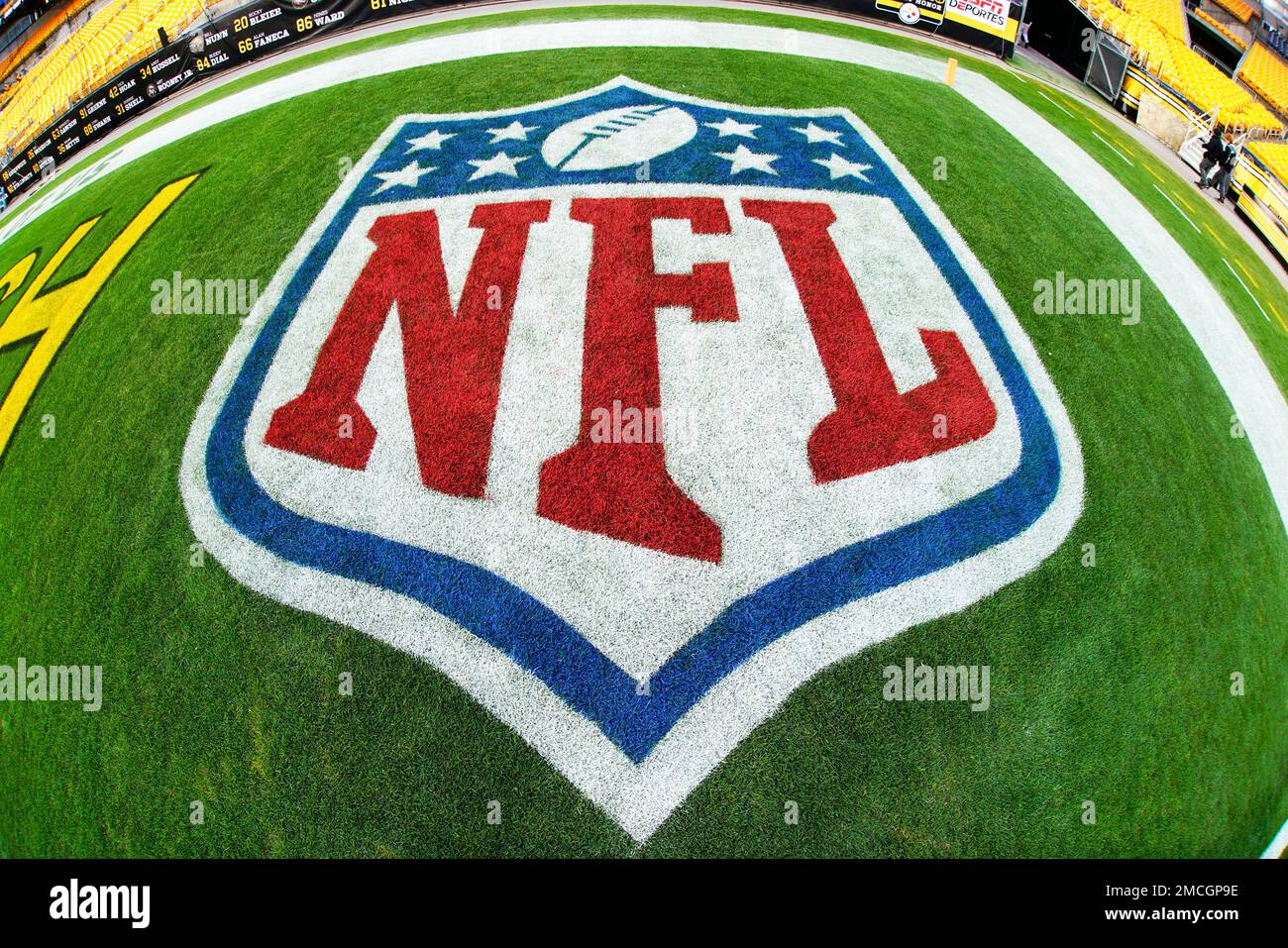 This is the NFL logo painted in the end zone at Heinz Field before an ...