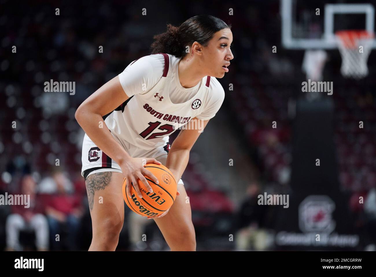 South Carolina guard Brea Beal looks to pass the ball during the first ...