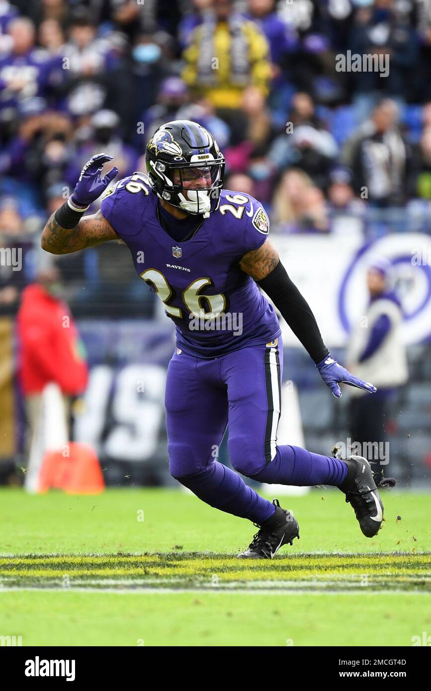Baltimore Ravens safety Geno Stone (26) in action during the first half ...