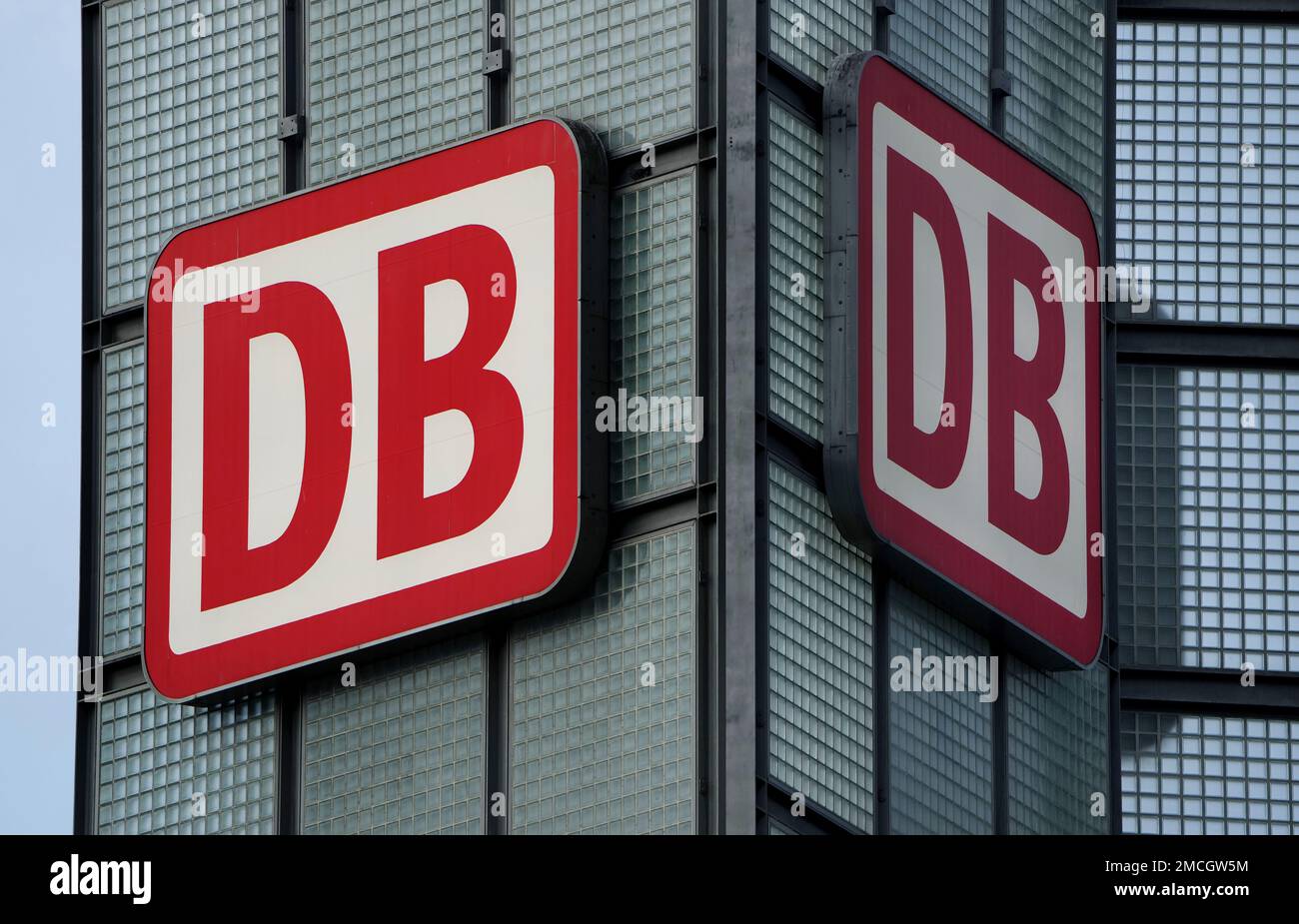Two logos of the 'Deutsche Bahn' (German Railroad) are pictured at the ...