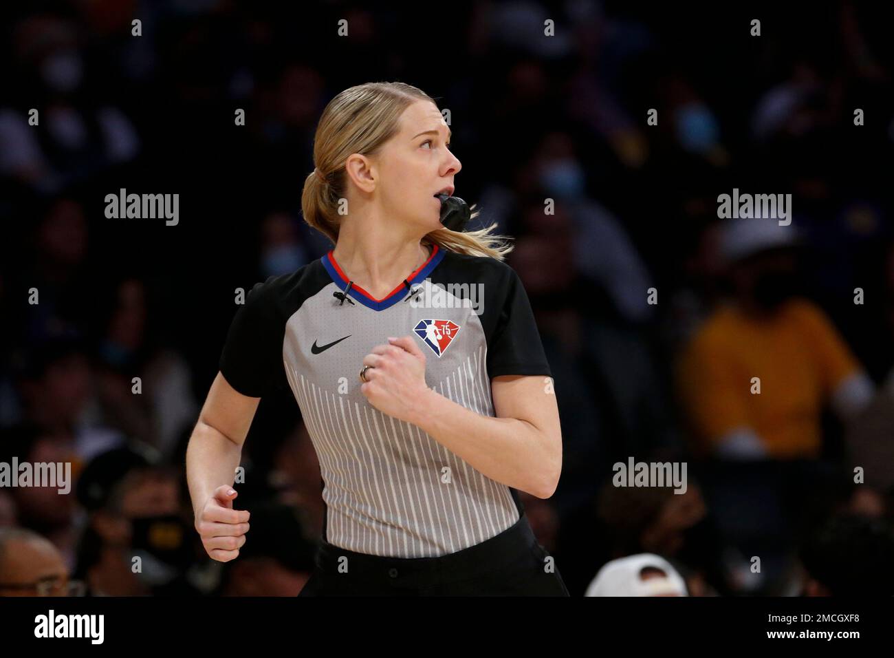 Referee Jenna Reneau (93) runs during the second half of an NBA ...