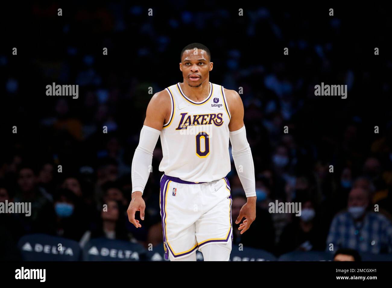 Los Angeles Lakers guard Russell Westbrook (0) walks down the court ...