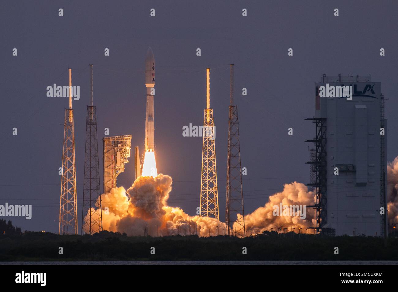 An Atlas V rocket carrying two satellite payloads for the USSF-12 ...
