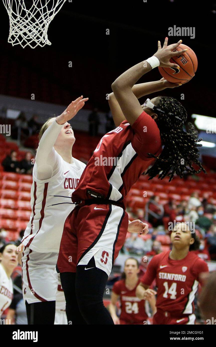 Stanford forward Francesca Belibi, right, shoots over Washington State ...