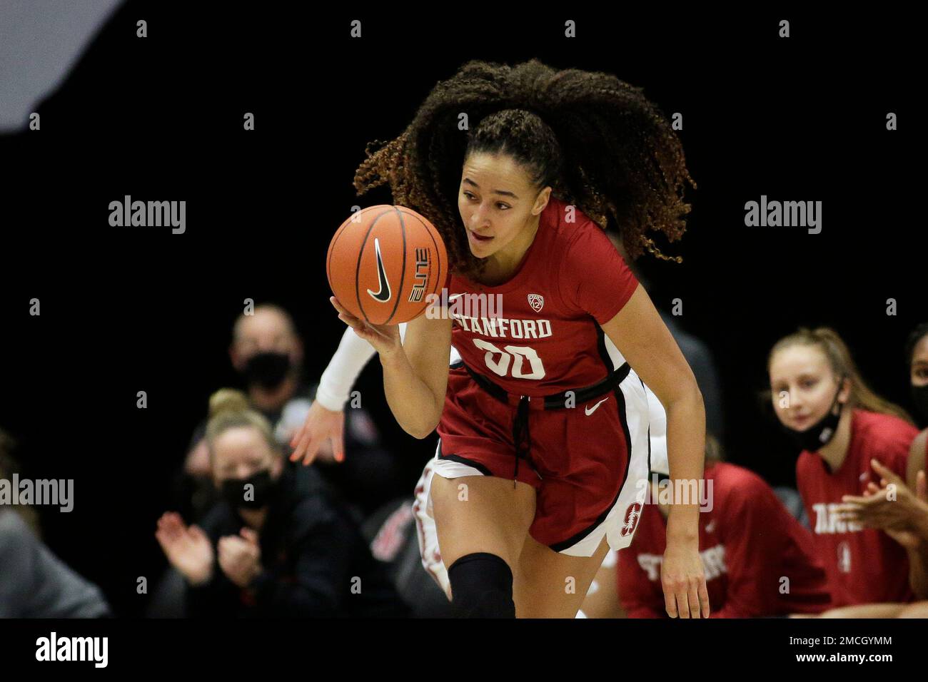 Stanford guard Haley Jones controls the ball during the first half of ...