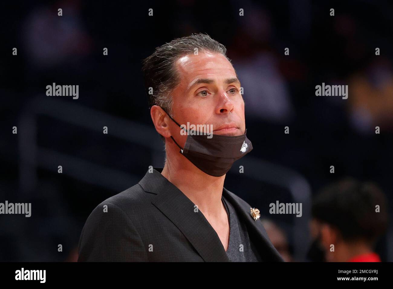 Lakers General Manager Rob Pelinka watch his team warm up before an NBA ...