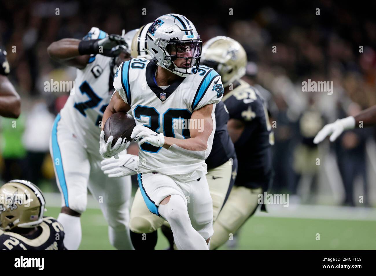 Carolina Panthers running back Chuba Hubbard (30) carries for a ...
