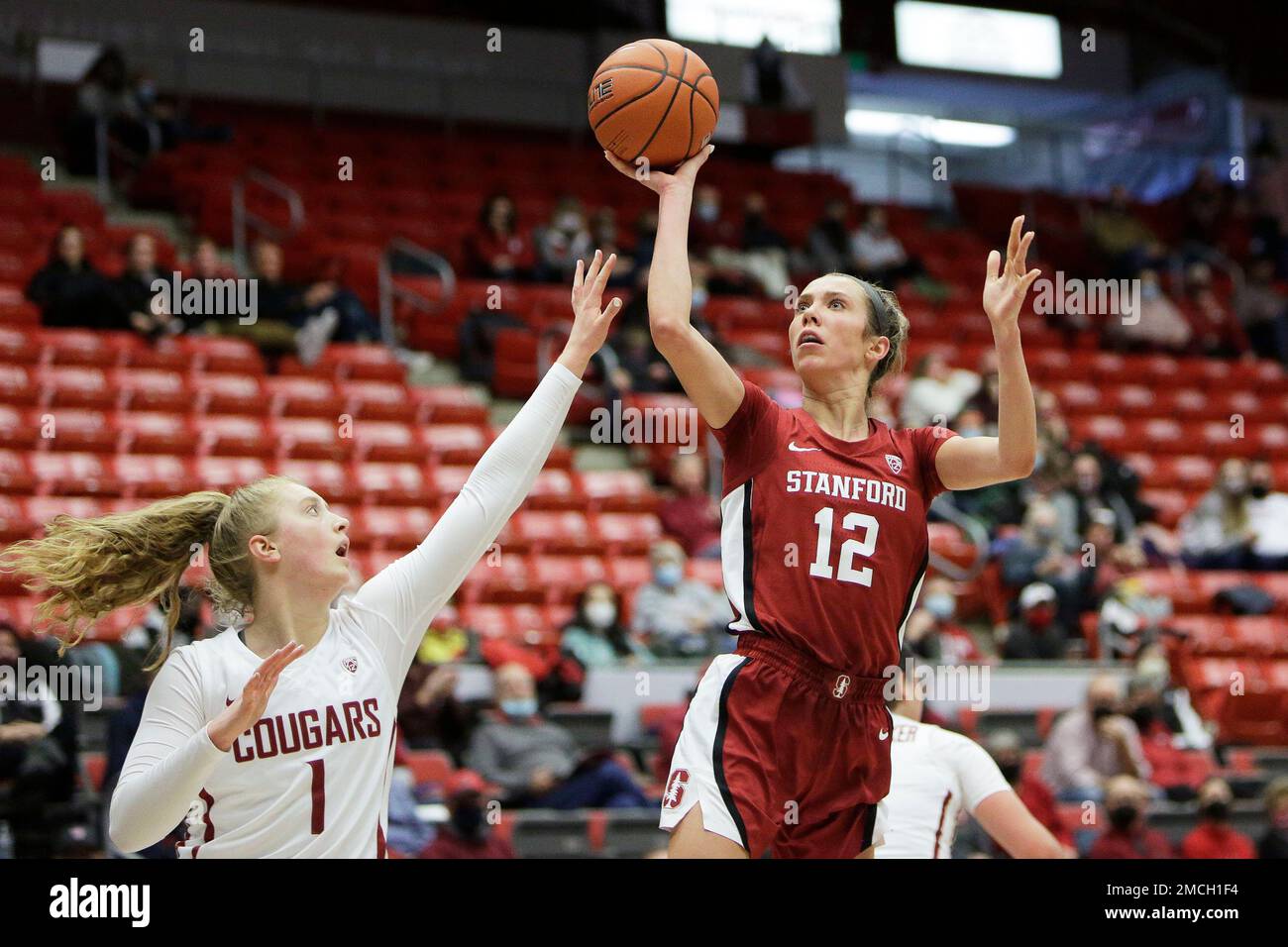 Stanford guard Lexie Hull (12) shoots over Washington State guard Tara ...