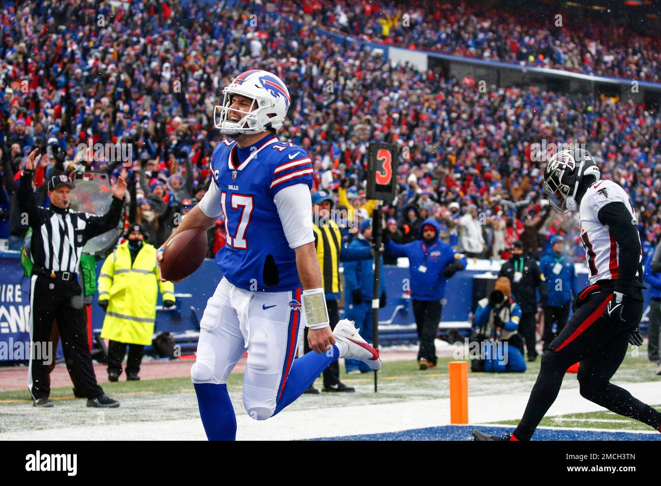 Buffalo Bills quarterback Josh Allen (17) runs past Atlanta Falcons ...