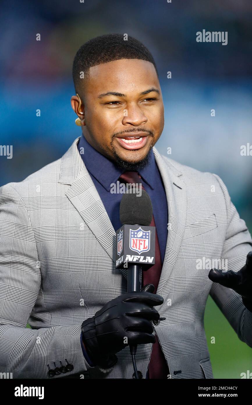 NFL Network reporter Cameron Wolfe works before an NFL football game ...
