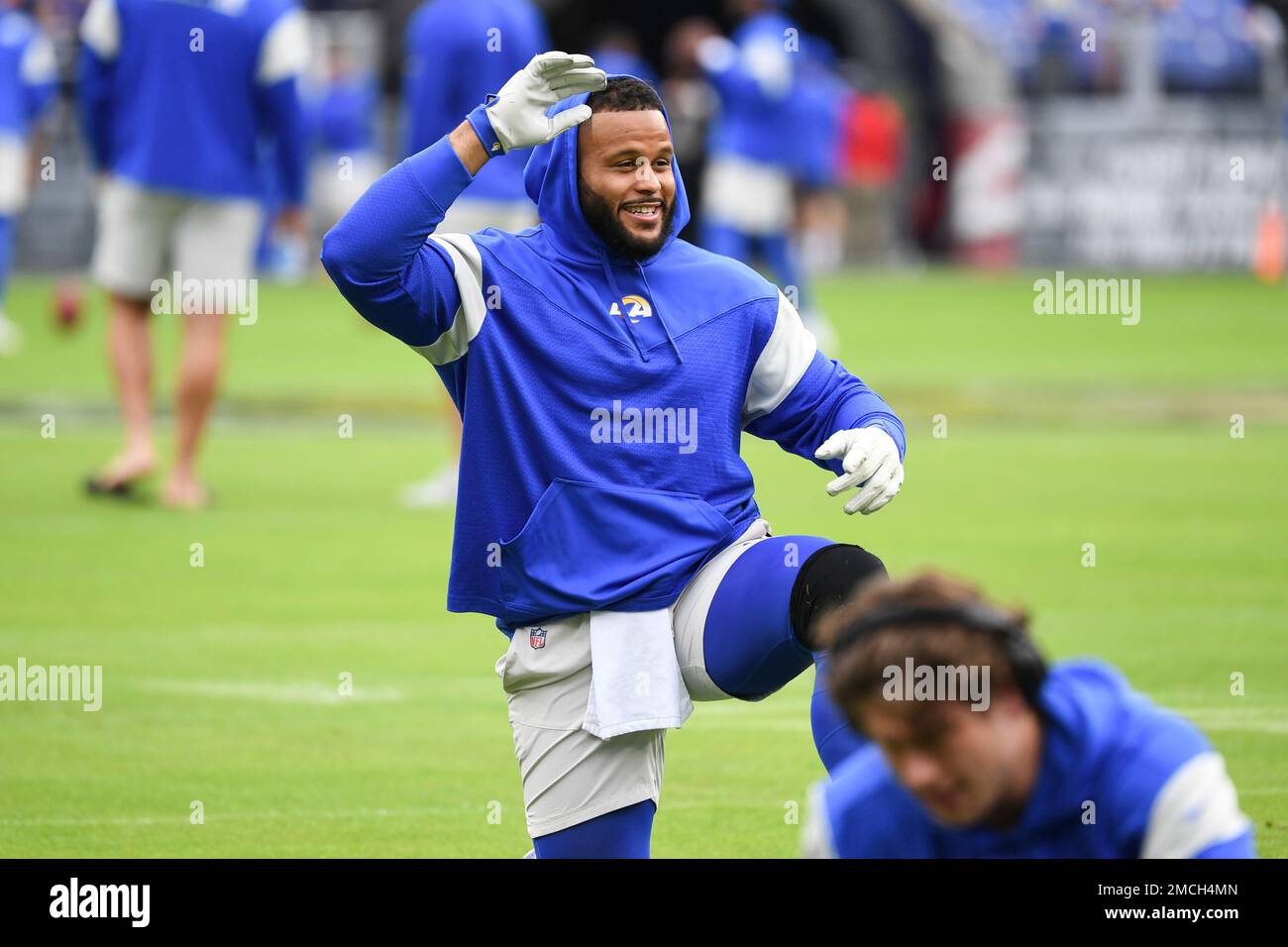 Los Angeles Rams defensive end Aaron Donald (99) stretches before an ...