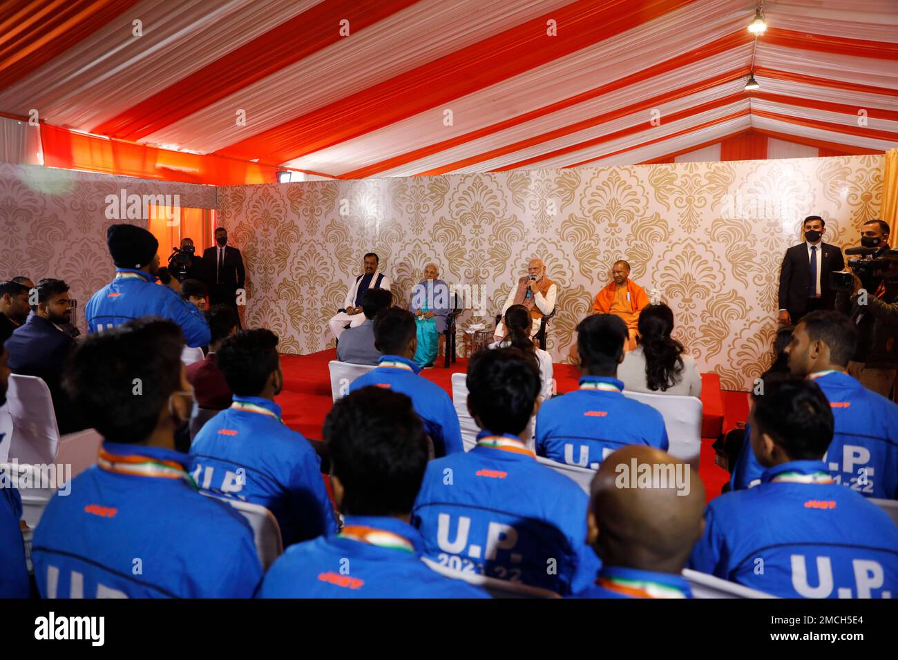 Indian Prime Minister Narendra Modi interacts with sports persons as he ...