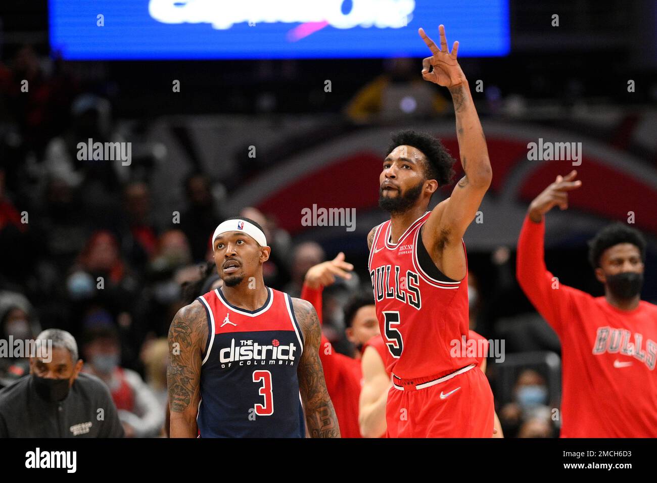 Chicago Bulls forward Derrick Jones Jr. (5) reacts next to Washington ...
