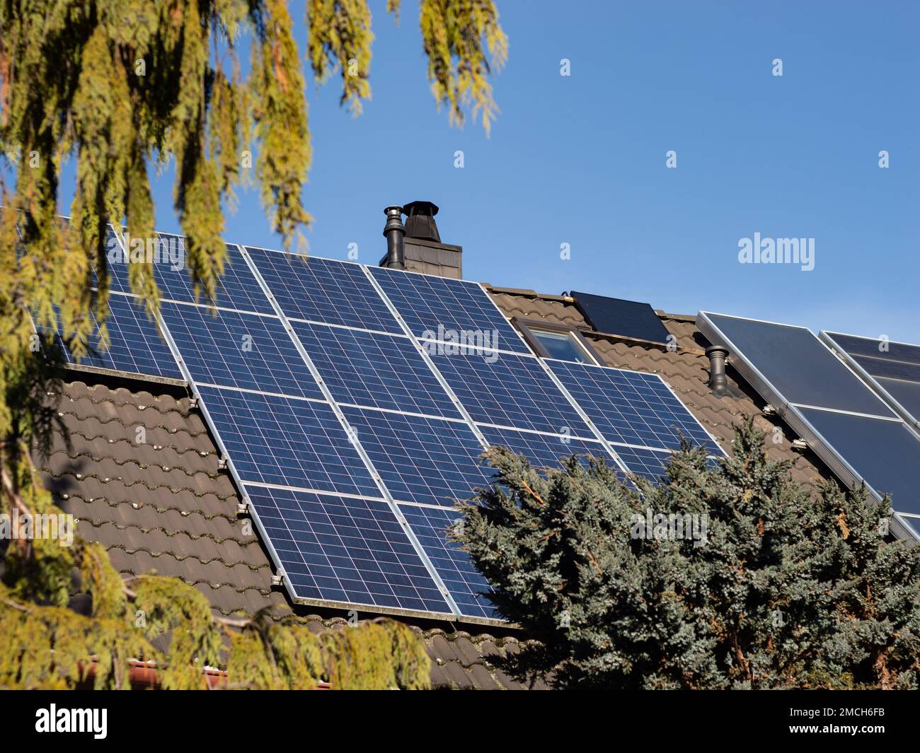 Solar cell panels on the roof of a single family house. Renewable ...