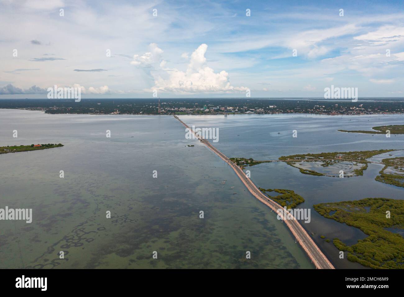 Aerial drone of road between the city of Jaffna and the islands in the ...
