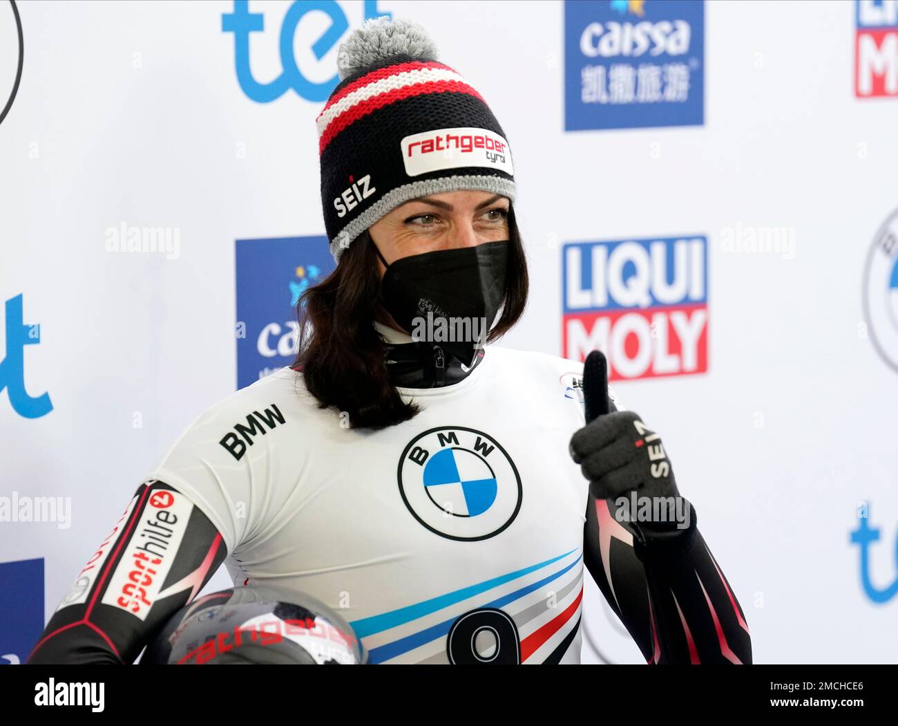 Janine Flock of Austria reacts after she placed first in the woman ...