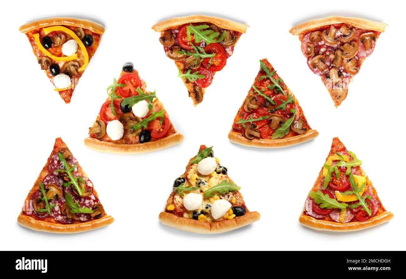 Many slices of different pizzas on white background Stock Photo - Alamy