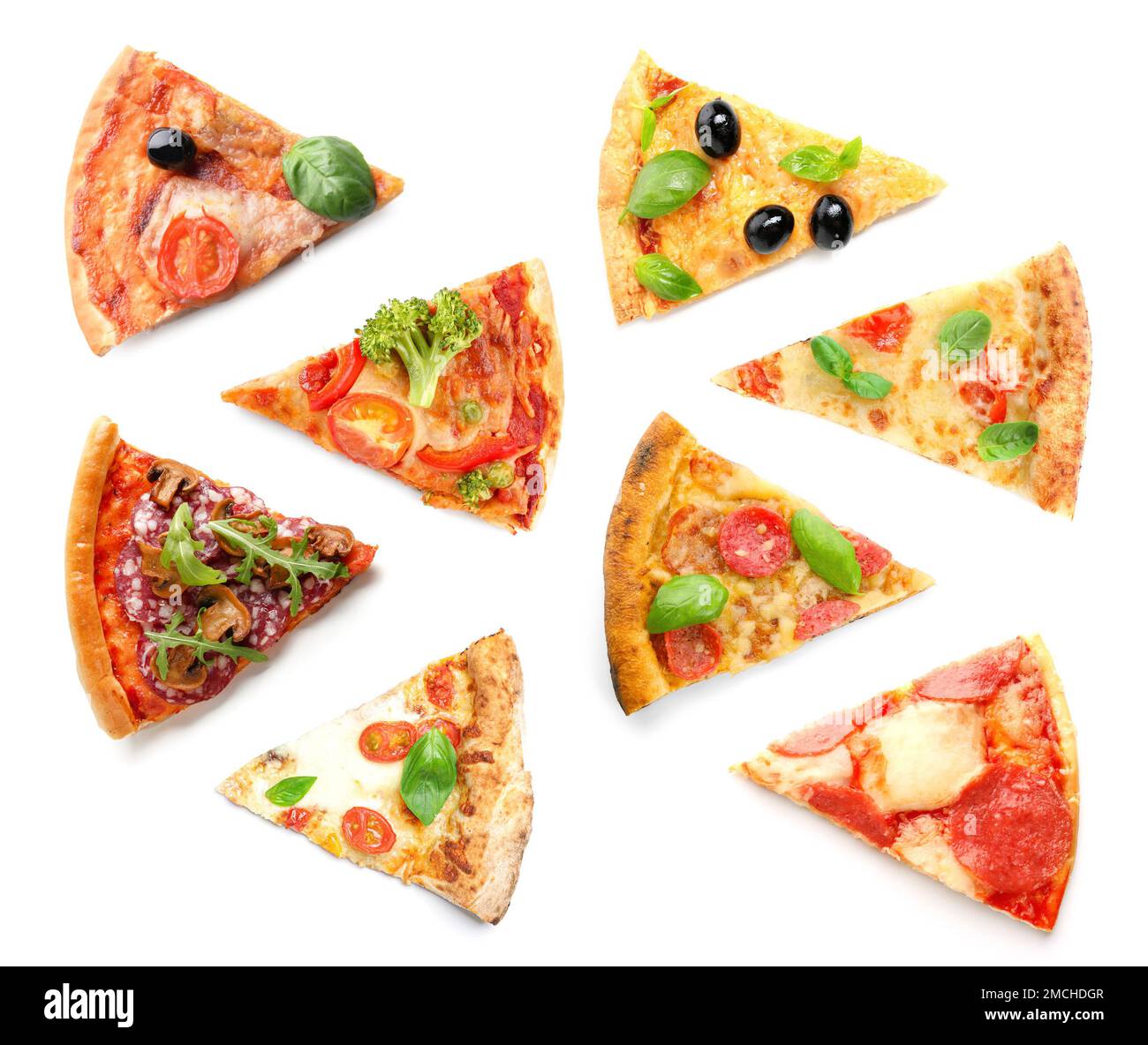 Many slices of different pizzas on white background Stock Photo - Alamy