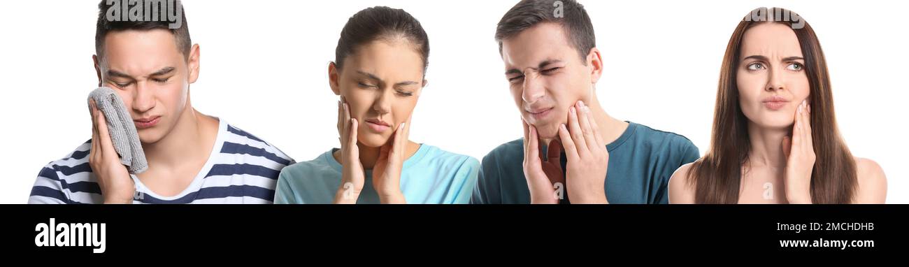 Collage with many people having toothache on white background Stock ...