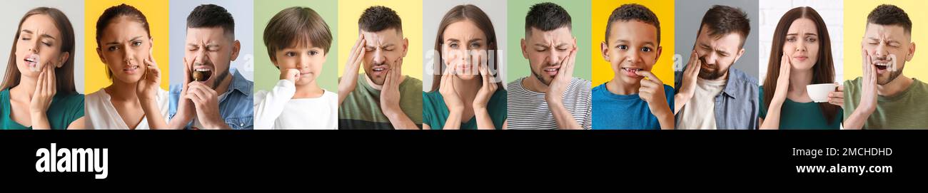 Collage with many people having toothache on color background Stock ...