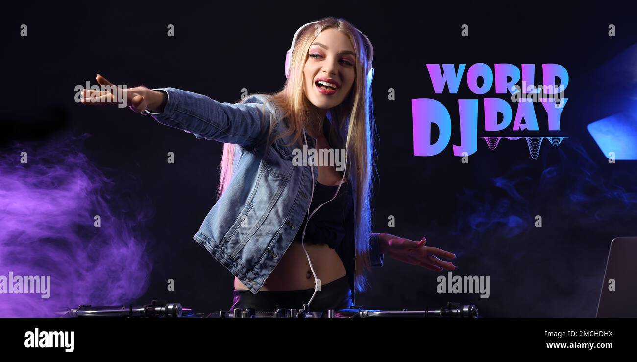 Female dj playing music in nightclub. Poster for World DJ Day Stock ...