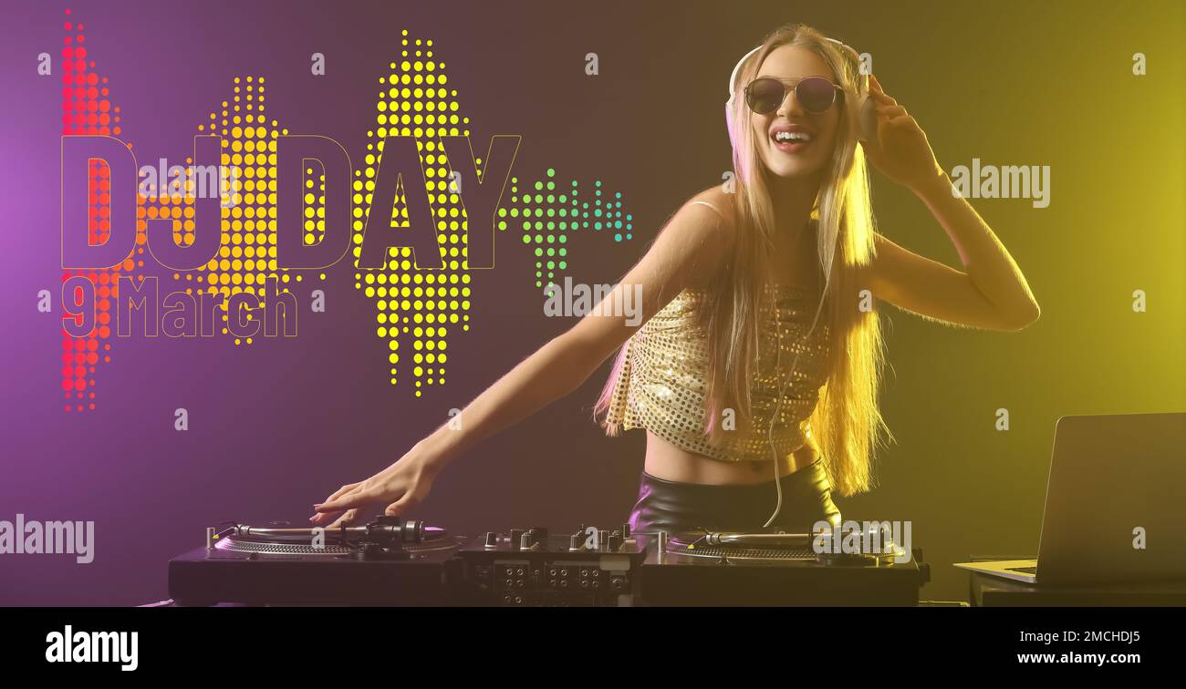 Female dj playing music in nightclub. Poster for World DJ Day Stock ...