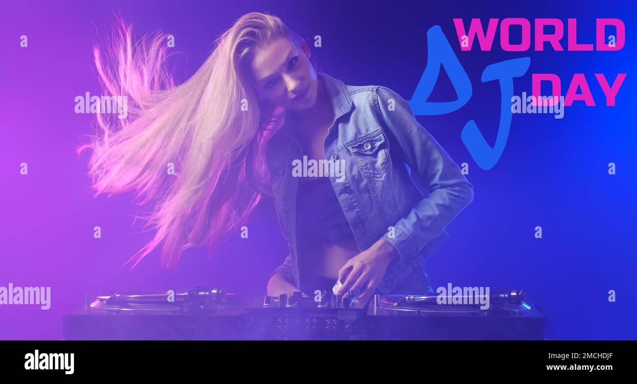 Female dj playing music in nightclub. Poster for World DJ Day Stock ...