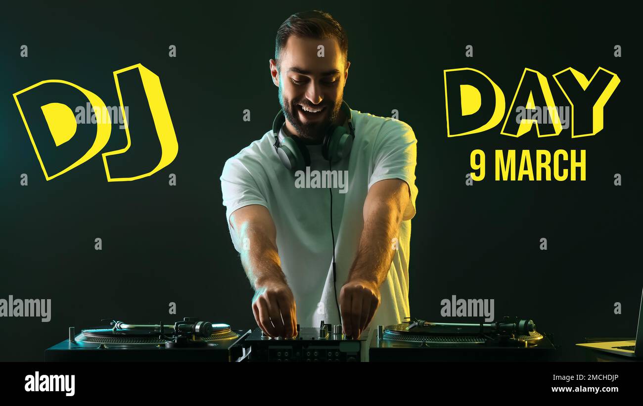 Male dj playing music in nightclub. Poster for World DJ Day Stock Photo ...