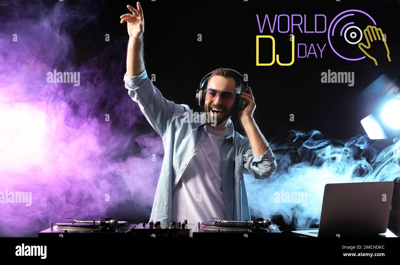 Male dj playing music in nightclub. Poster for World DJ Day Stock Photo ...