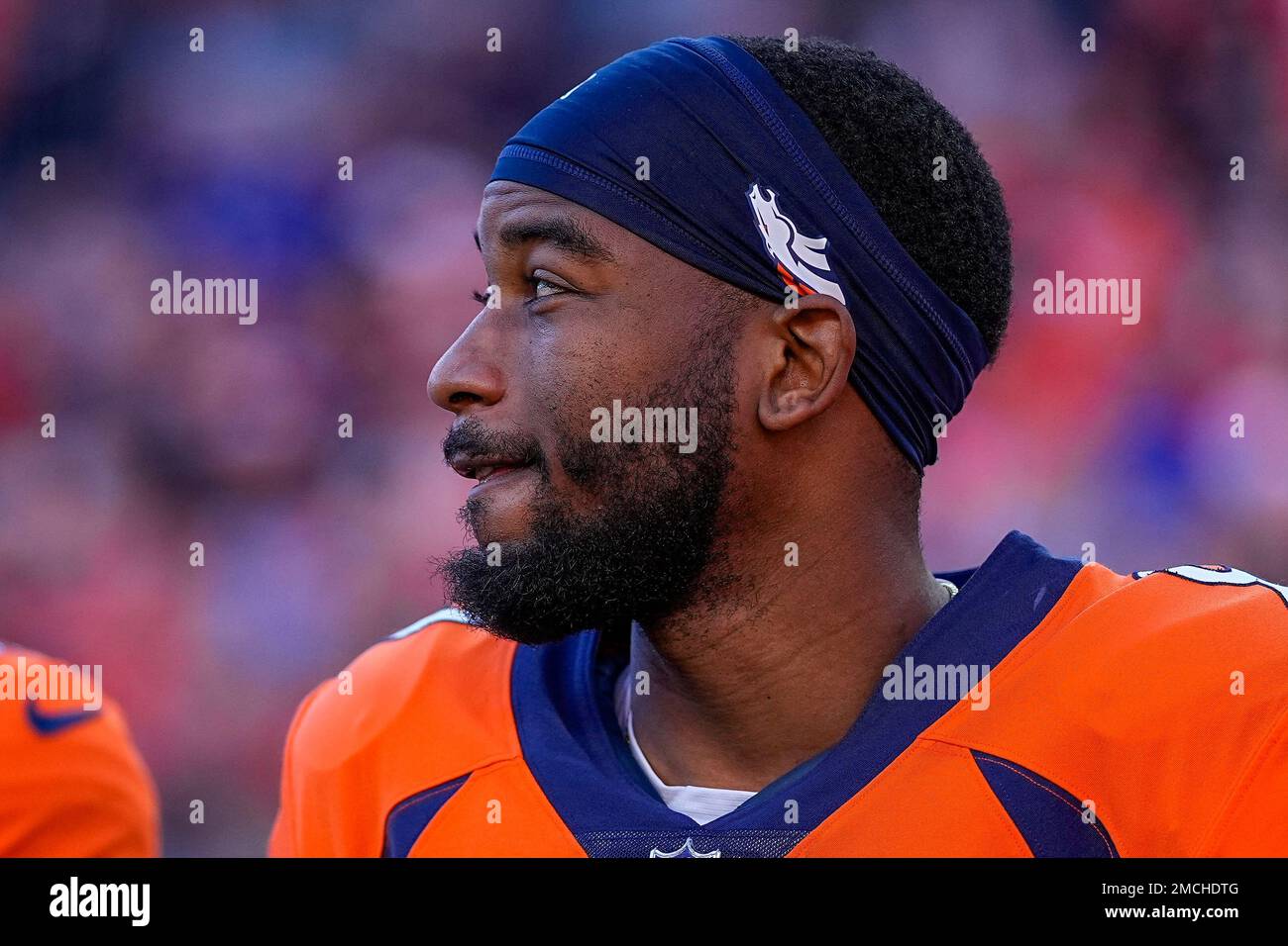 Denver Broncos wide receiver Kendall Hinton (9) looks on against the ...