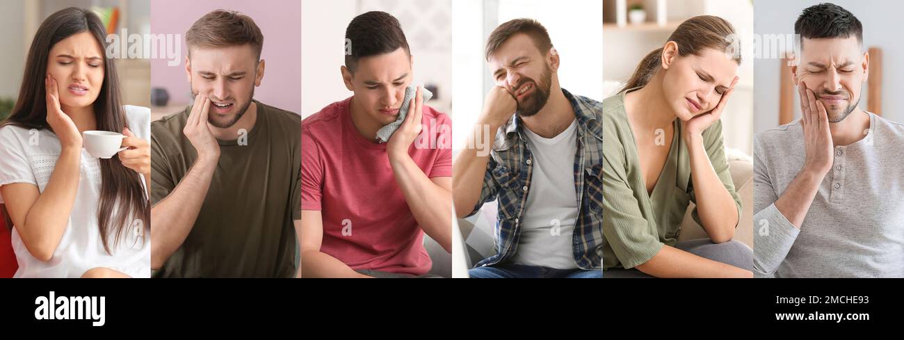 Collage with many people having toothache at home Stock Photo - Alamy
