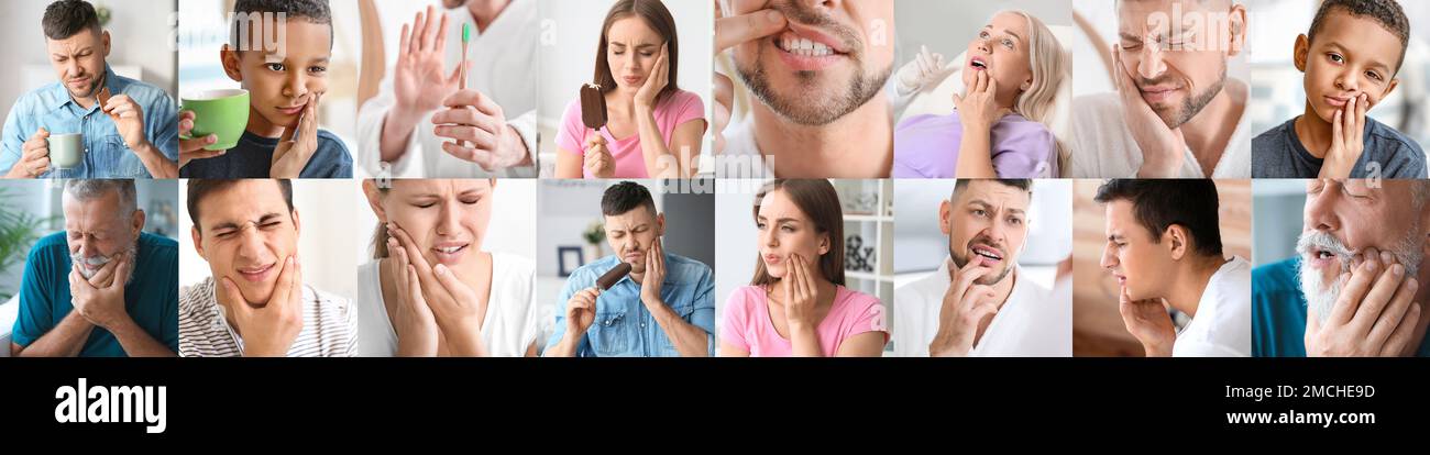 Collage with many people having toothache Stock Photo - Alamy