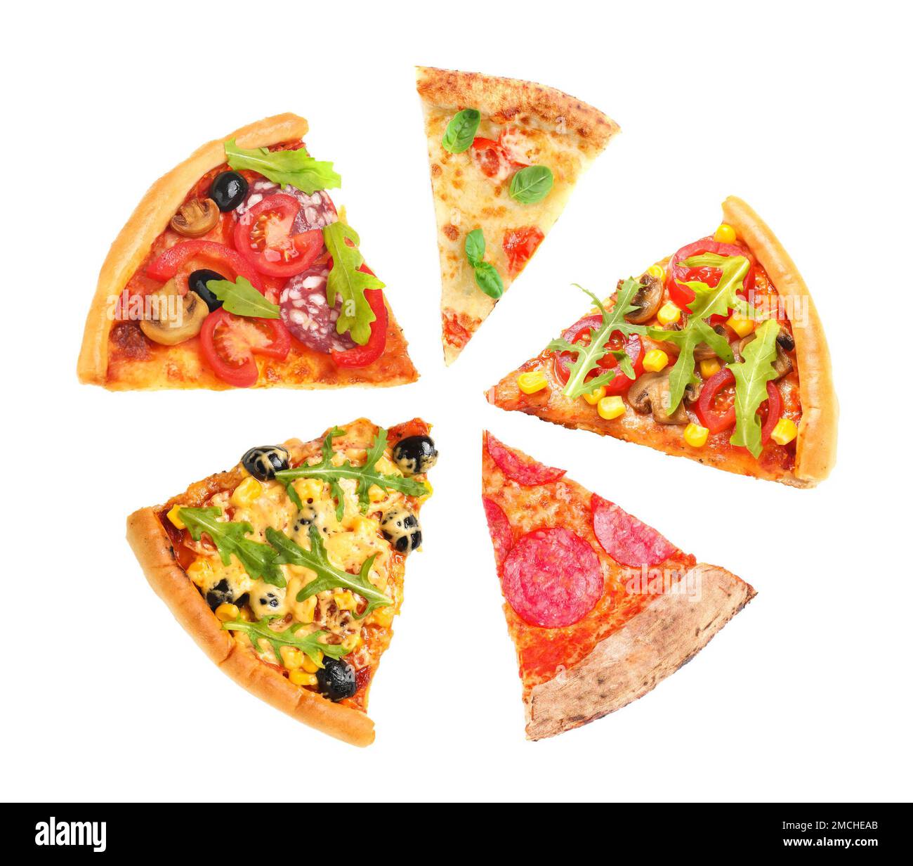 Many slices of different pizzas on white background Stock Photo - Alamy
