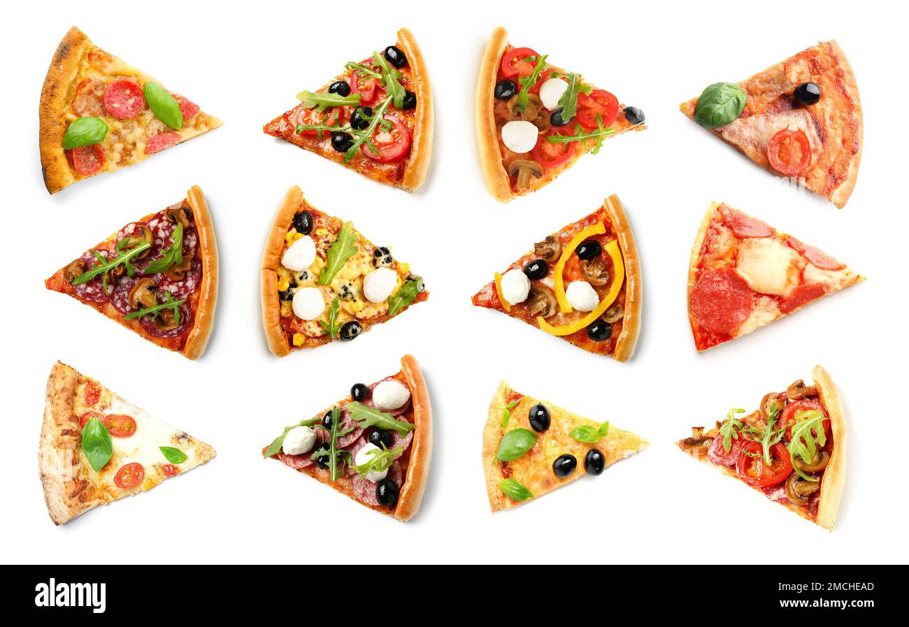Many slices of different pizzas on white background, top view Stock ...