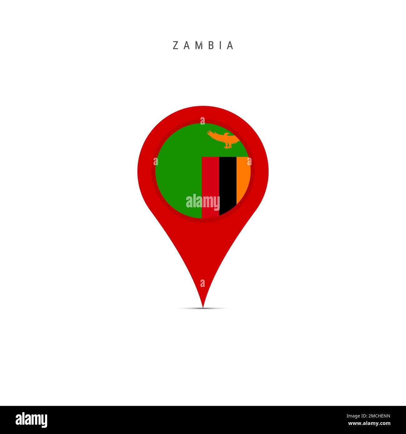 Teardrop map marker with flag of Zambia. Zambian flag inserted in the location map pin. Flat ...