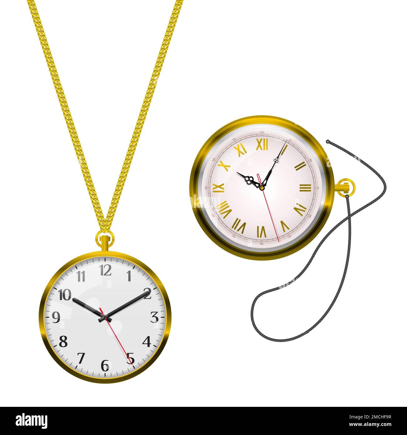 Gold watch on a chain and string. Roman numerals, arabic numerals. 3D ...