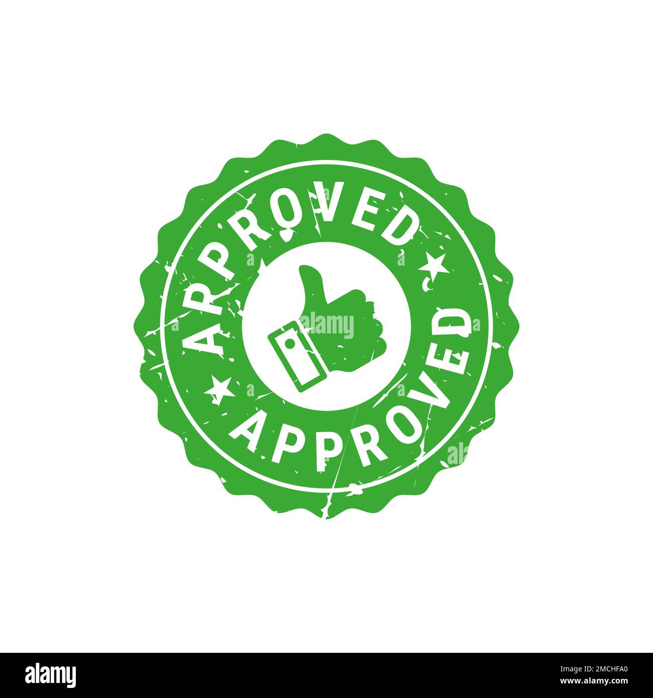 Approved green grunge circle rubber seal stamp. Thumbs up seal. Flat ...
