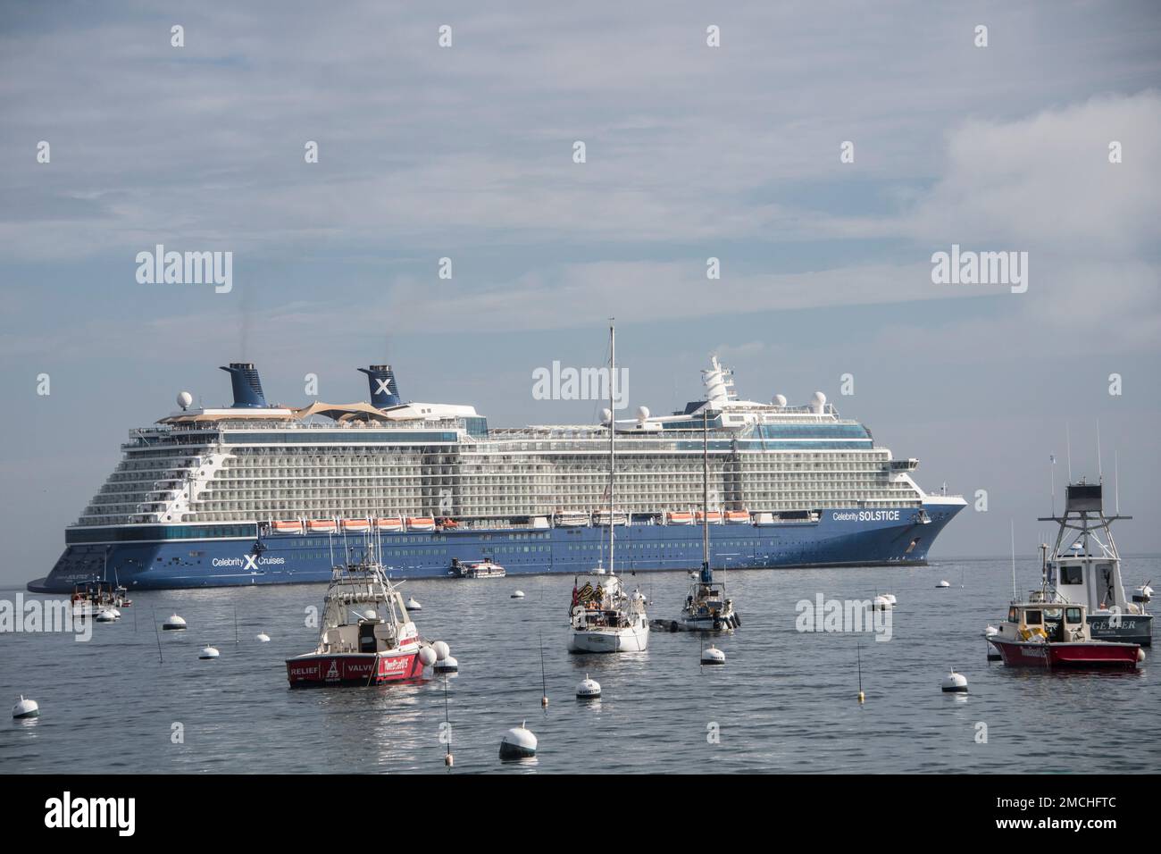 A cruise ship lays anchored just outside the port of Catalina Island or ...