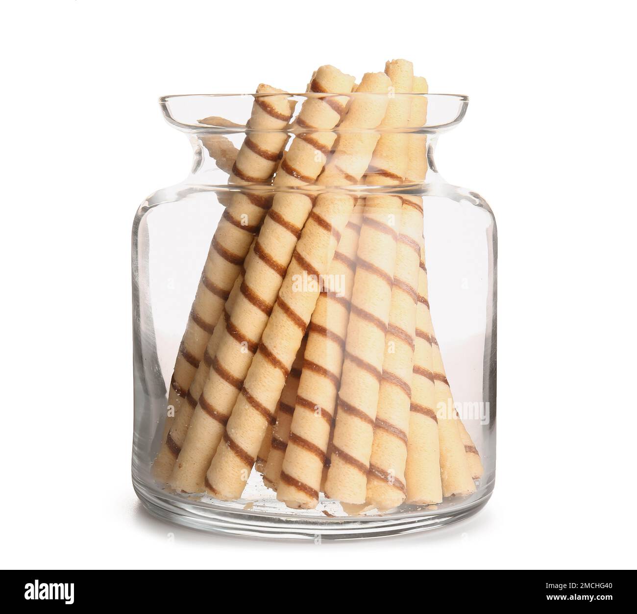 Jar of tasty wafer rolls on white background Stock Photo - Alamy