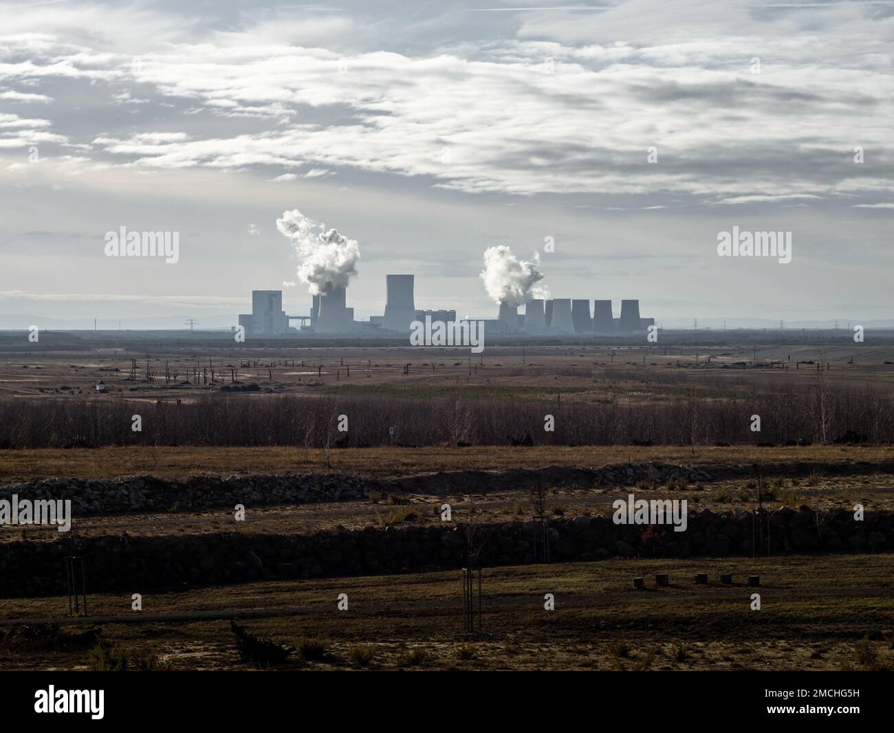 Lignite fired power plant with the empty destroyed nature in the ...